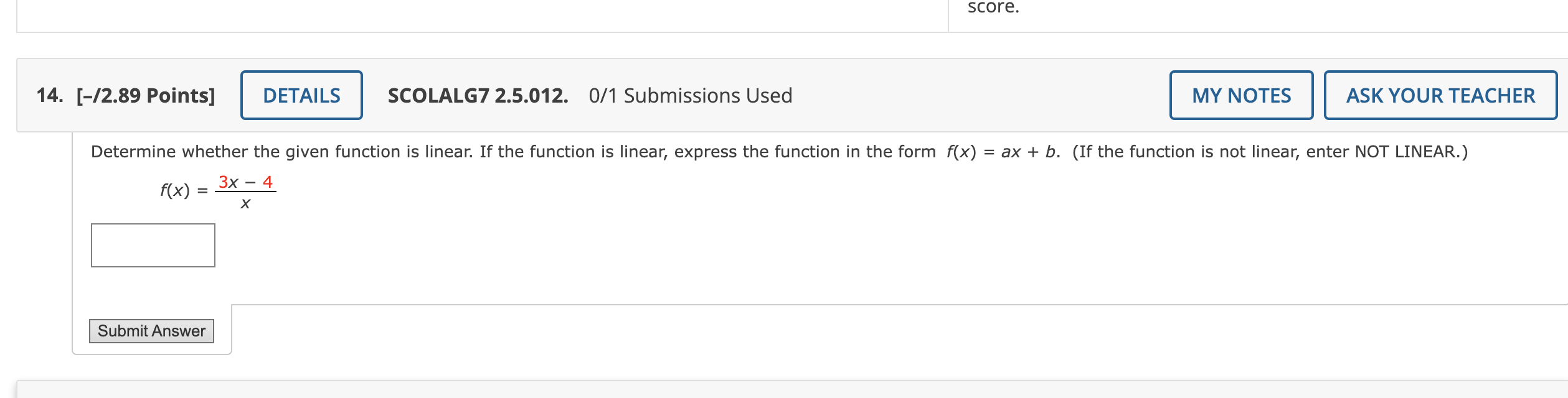 Solved score. 14. [-/2.89 Points] DETAILS SCOLALG7 2.5.012. | Chegg.com
