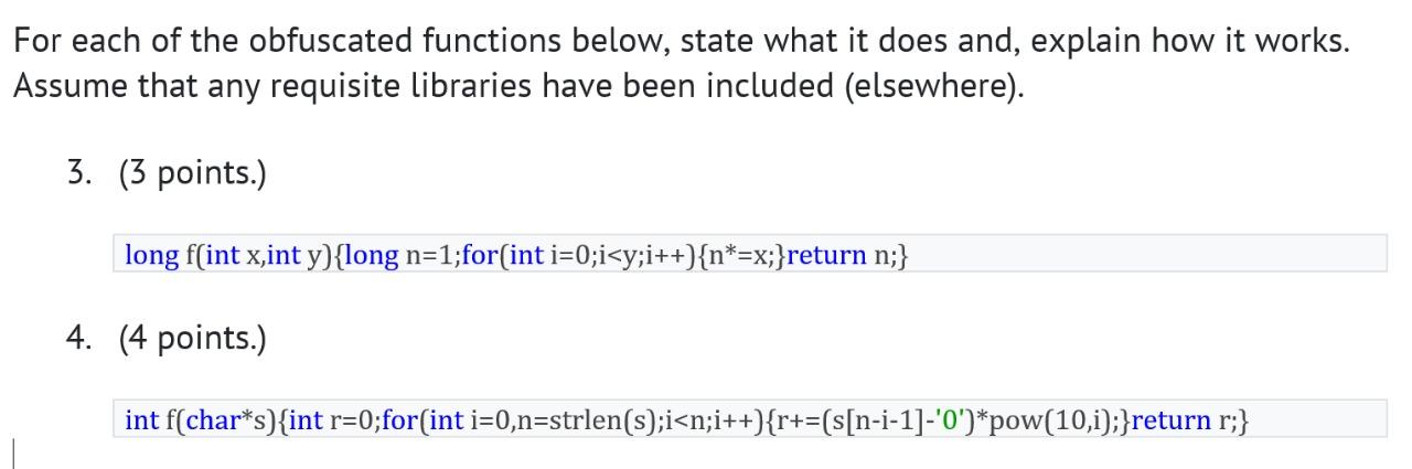Solved For each of the obfuscated functions below, state | Chegg.com