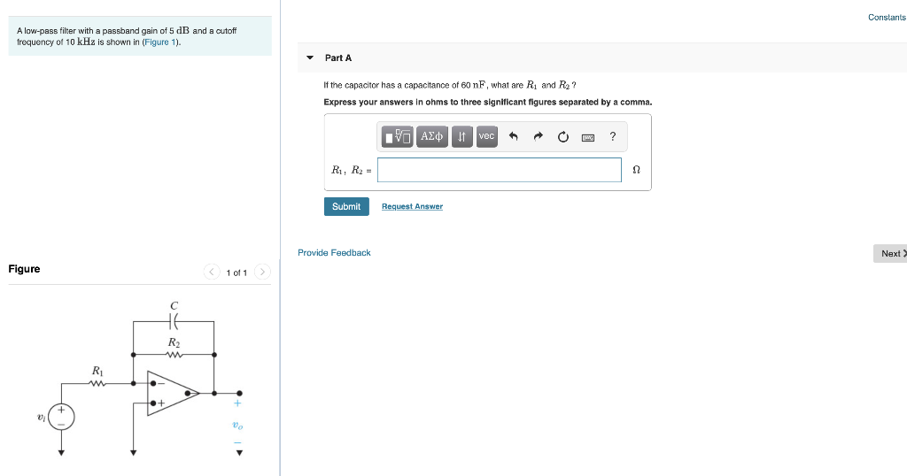 Solved Constants A low-pass filter with a passband gain of S | Chegg.com