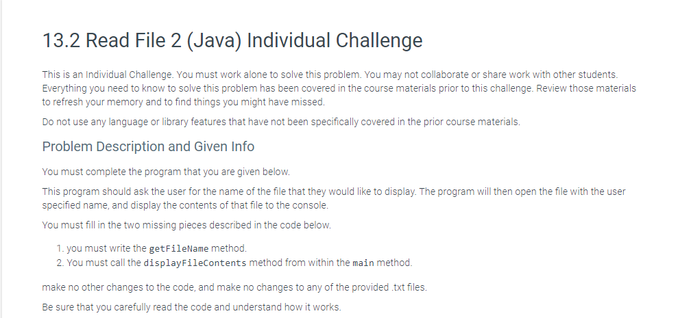 Solved 13.2 Read File 2 (Java) Individual Challenge This is | Chegg.com