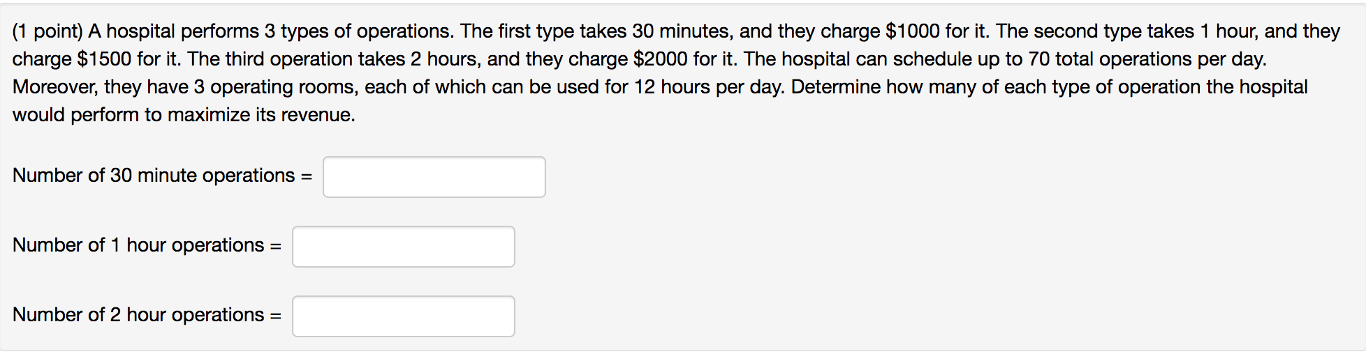 Solved (1 point) A hospital performs 3 types of operations. | Chegg.com
