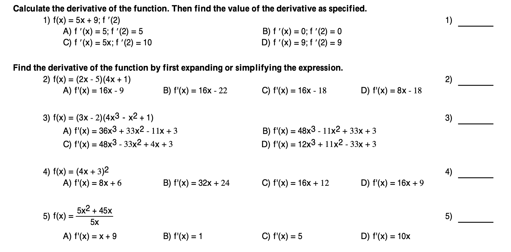 Solved = 1) Calculate the derivative of the function. Then | Chegg.com
