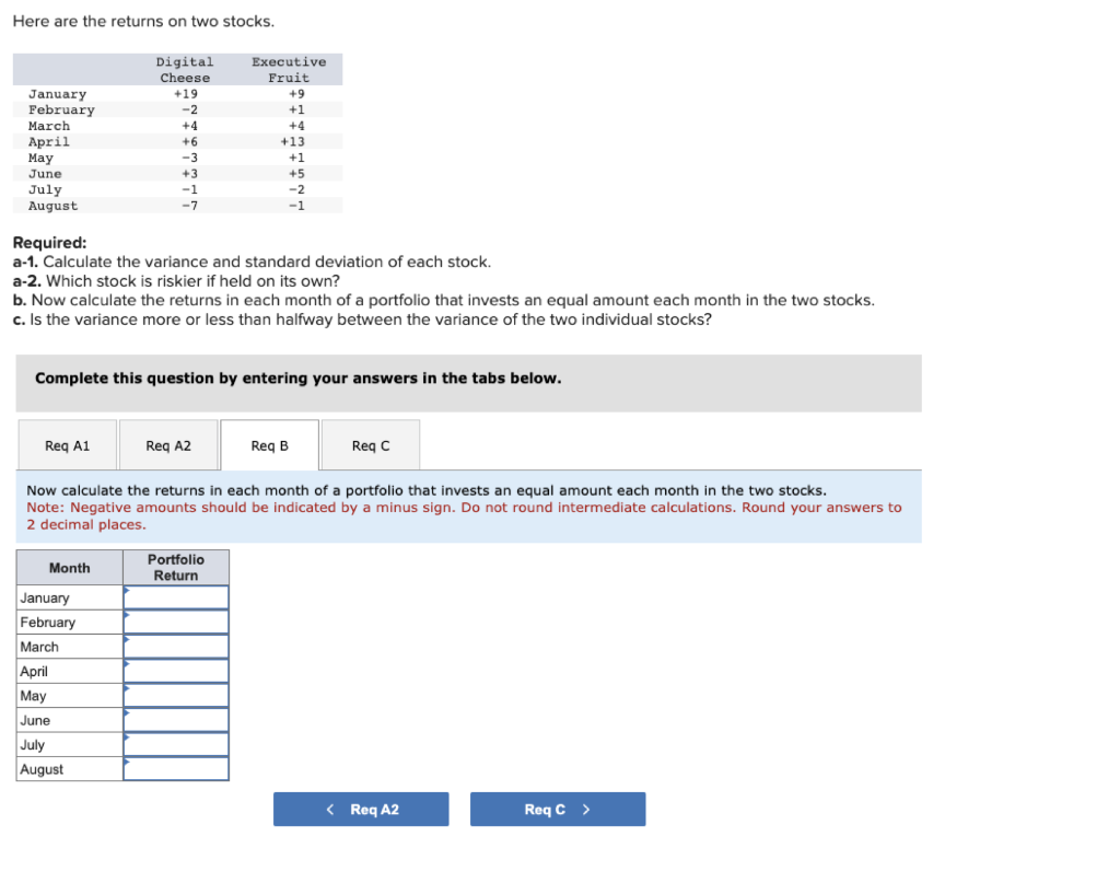 [Solved]: Here are the returns on two stocks. Required: a-