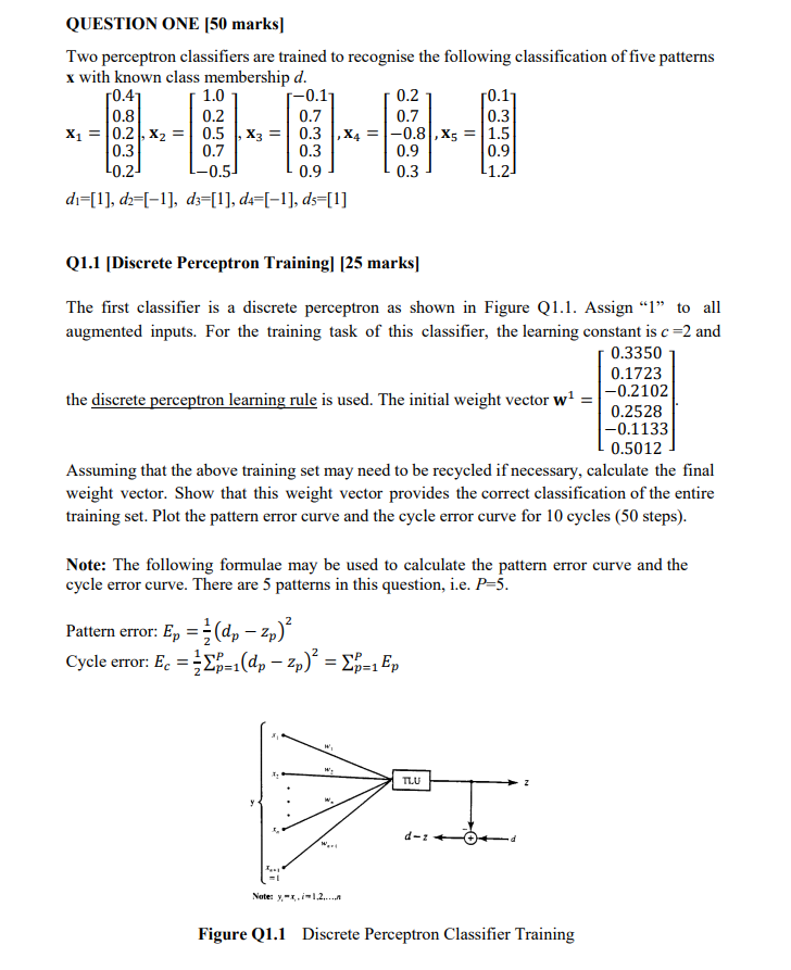 QUESTION ONE (50 marks Two perceptron classifiers are | Chegg.com