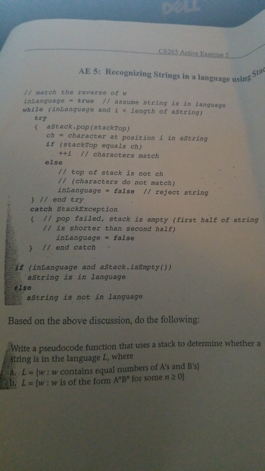 Solved AE 5: Recognizing Strings in a language Stack | Chegg.com