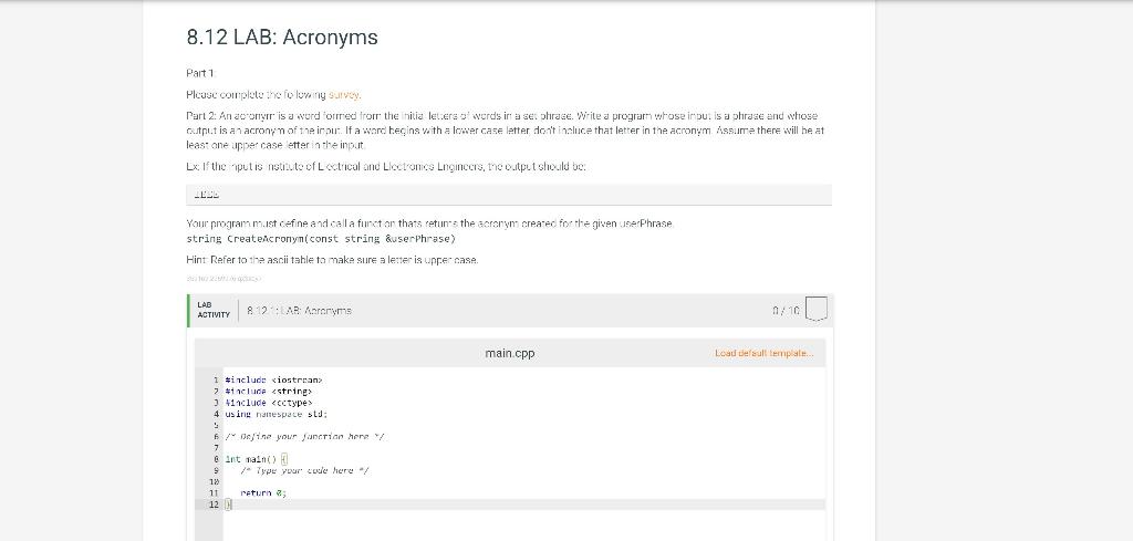 Solved 8.12 LAB: Acronyms Part 1: Please complete the | Chegg.com