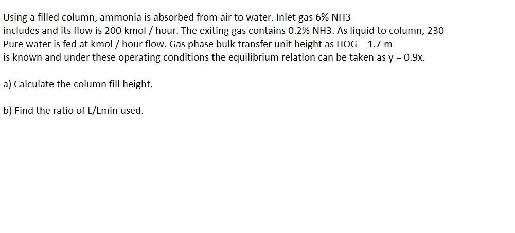 Solved Using a filled column, ammonia is absorbed from air | Chegg.com