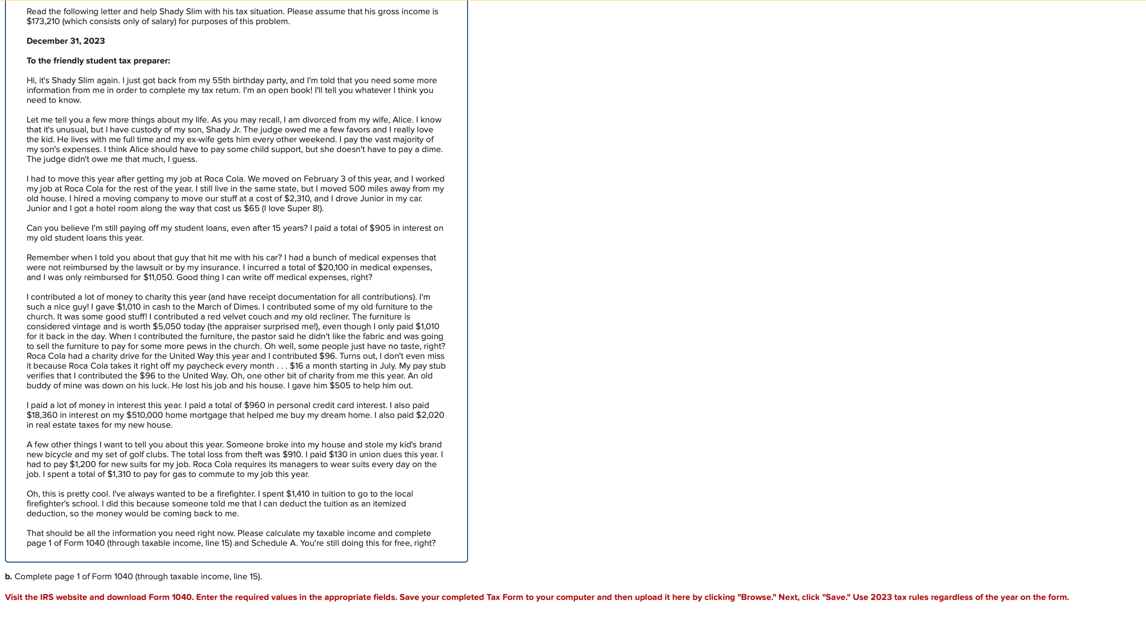 Complete page 1 of Form 1040 (through taxable income, | Chegg.com