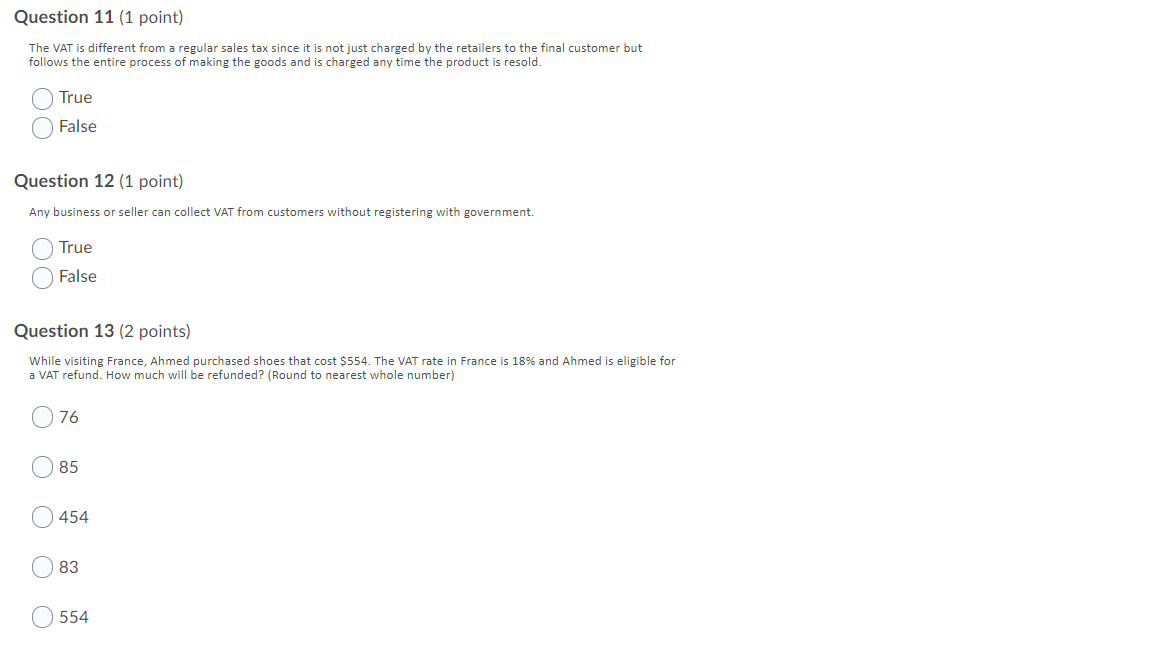 Solved Question 11 (1 point) The VAT is different from a | Chegg.com