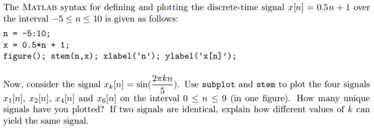 Solved The MATLAB syntax for defining and plotting the | Chegg.com