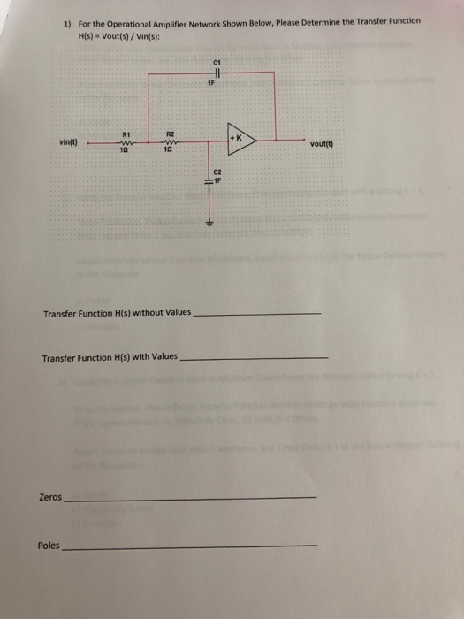 Solved For the Operational Amplifier Network Shown Below in | Chegg.com