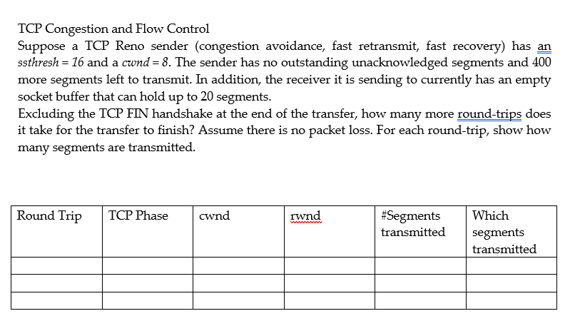 TCP Congestion and Flow Control Suppose a TCP Reno | Chegg.com
