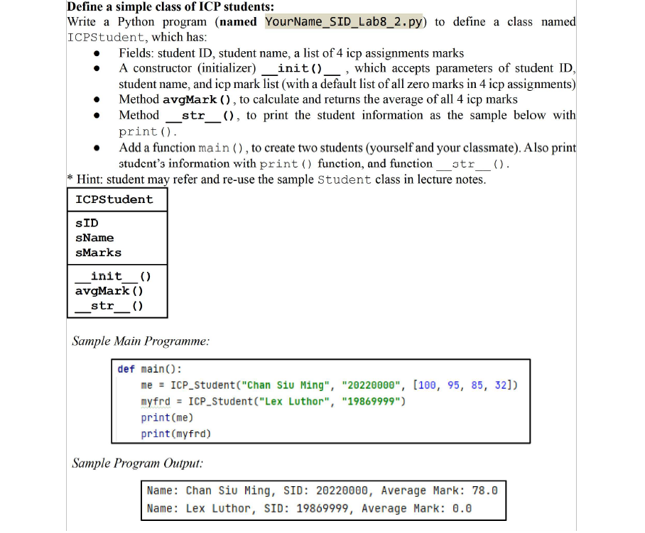 Solved Define a simple class of ICP students: Write a Python | Chegg.com