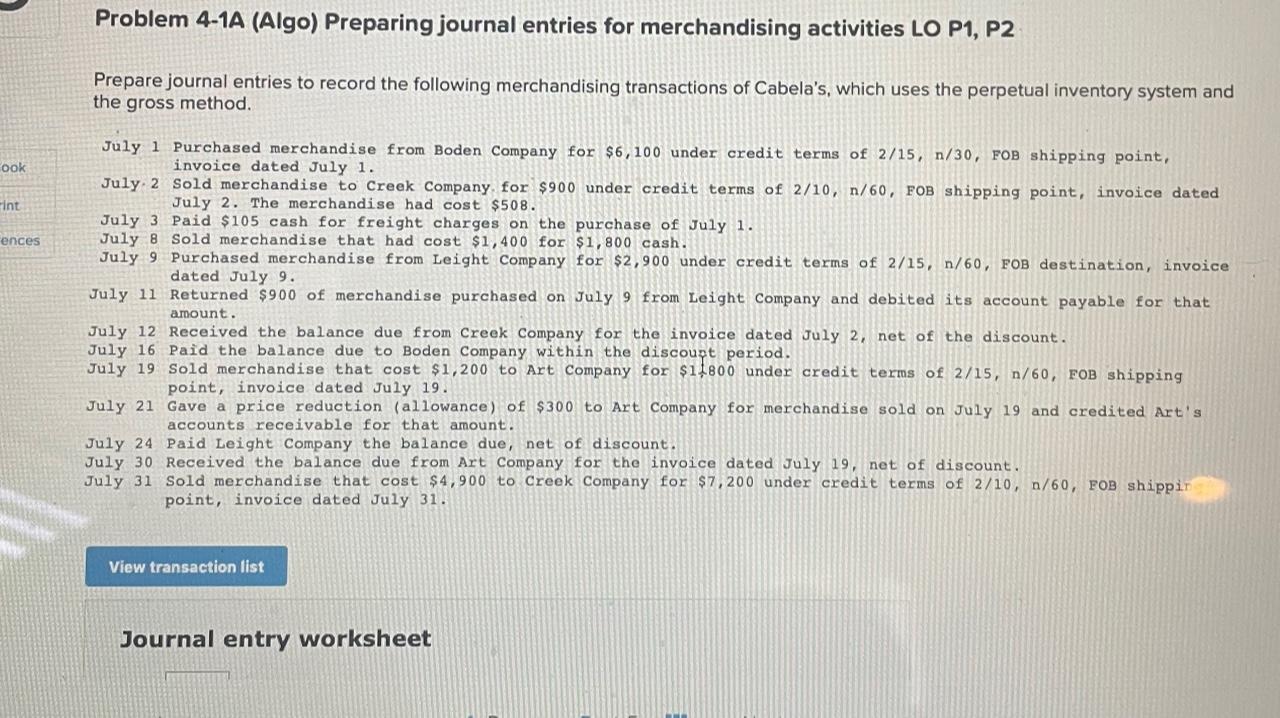 Solved Problem 4-1A (Algo) Preparing journal entries for | Chegg.com