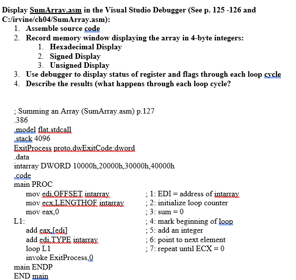 Display SumArray.asm in the Visual Studio Debugger | Chegg.com
