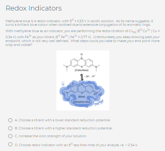Solved Redox Indicators Methylene blue is a redox indicator, | Chegg.com