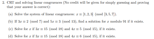 Solved 2. CRT and solving linear congruences (No credit will | Chegg.com