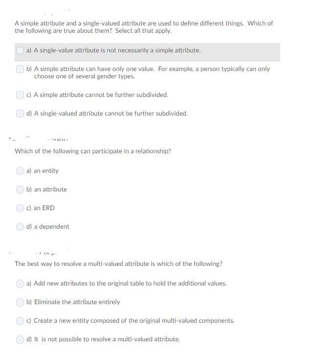 Solved A simple attribute and a single-valued attribute are | Chegg.com