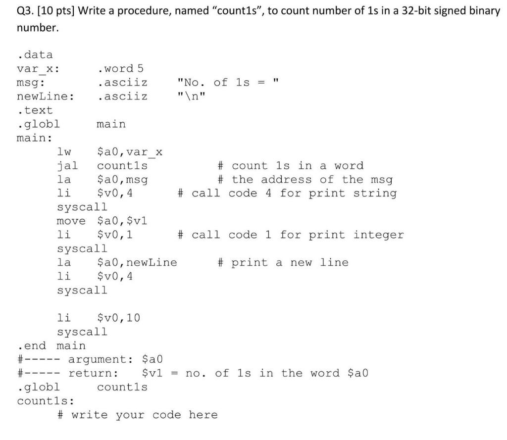 Solved write a procedure, names "count1s", to count the | Chegg.com