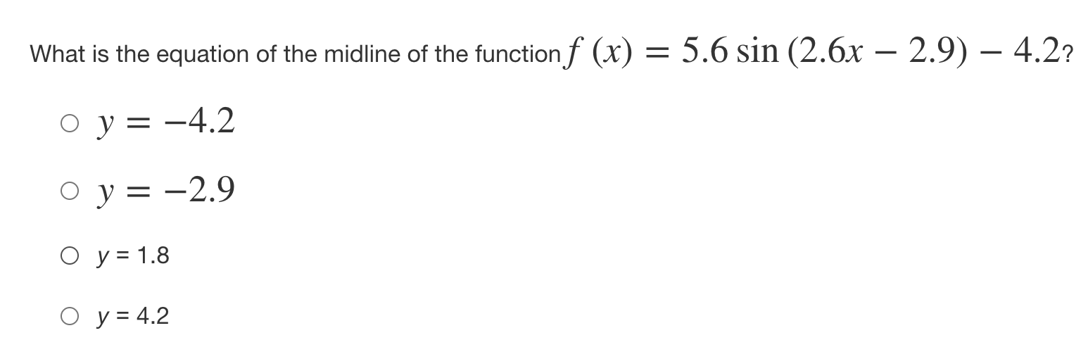 Solved What is the equation of the midline of the function f | Chegg.com