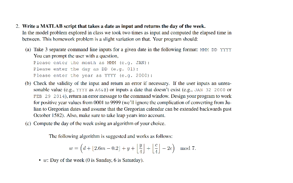 Solved 2. Write a MATLAB script that takes a date as input | Chegg.com