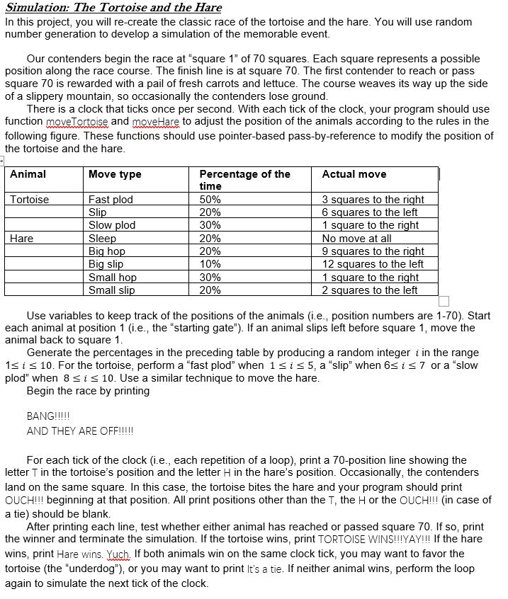 Solved Simulation: The Tortoise and the Hare In this | Chegg.com