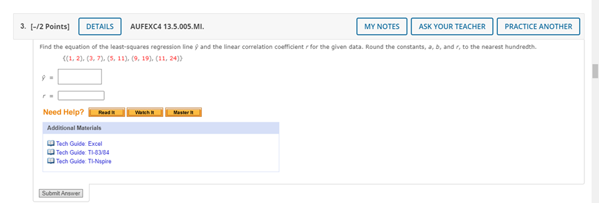 Solved 3. [-/2 points) DETAILS AUFEXC4 13.5.005.MI. MY NOTES | Chegg.com