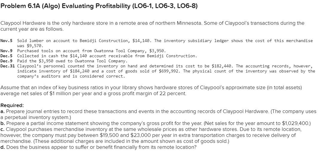 Solved Problem 6.1A (Algo) Evaluating Profitability (LO6-1, | Chegg.com