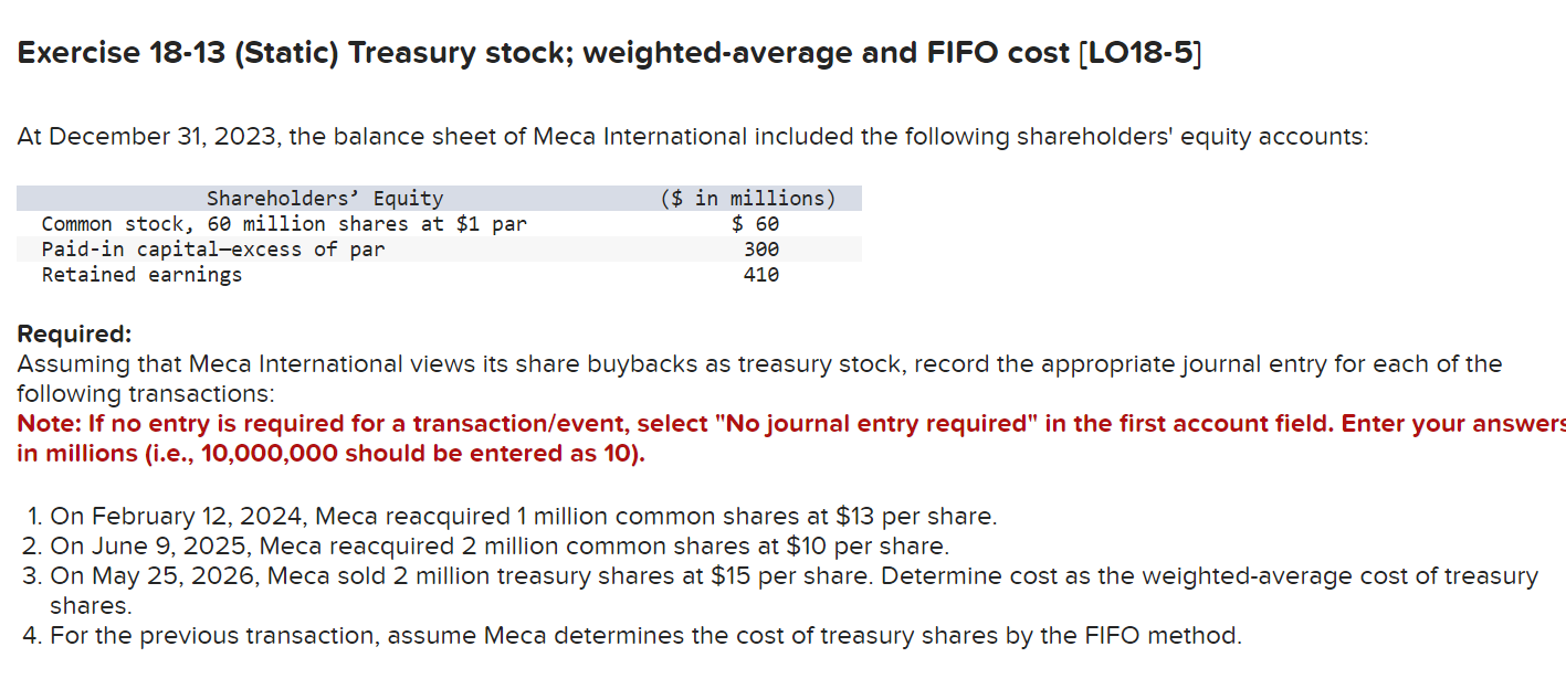 Solved Exercise 18-13 (Static) Treasury stock; | Chegg.com