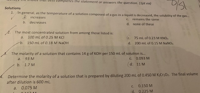 Solved 1. In general, as the temperature of a solution | Chegg.com
