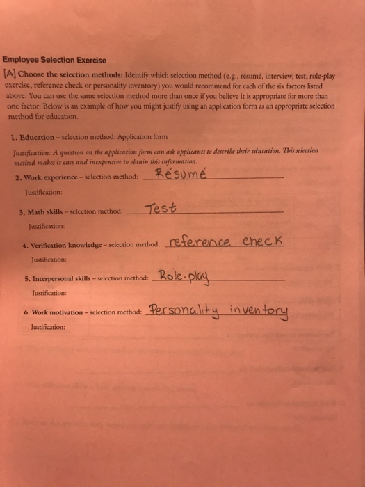Solved Employee Selection Exercise A] Choose the selection | Chegg.com