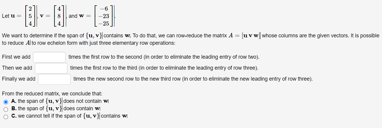 Solved Let u=⎣⎡254⎦⎤∣∣,v=⎣⎡484⎦⎤∣∣, and w=⎣⎡−6−23−25⎦⎤∣ We | Chegg.com