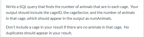 Write a SQL query that finds the number of animals | Chegg.com
