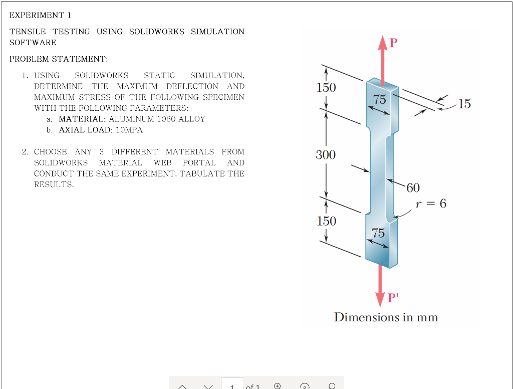 Solved EXPERIMENT 1 TENSILE TESTING USING SOLIDWORKS | Chegg.com