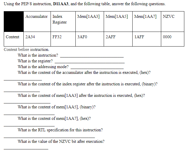 Solved Using the PEP/8 instruction. D11A43, and the | Chegg.com