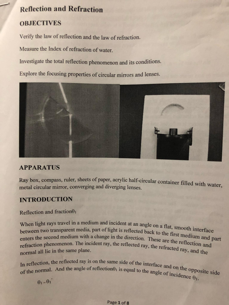 Reflection and Refraction OBJECTIVES Verify the law | Chegg.com