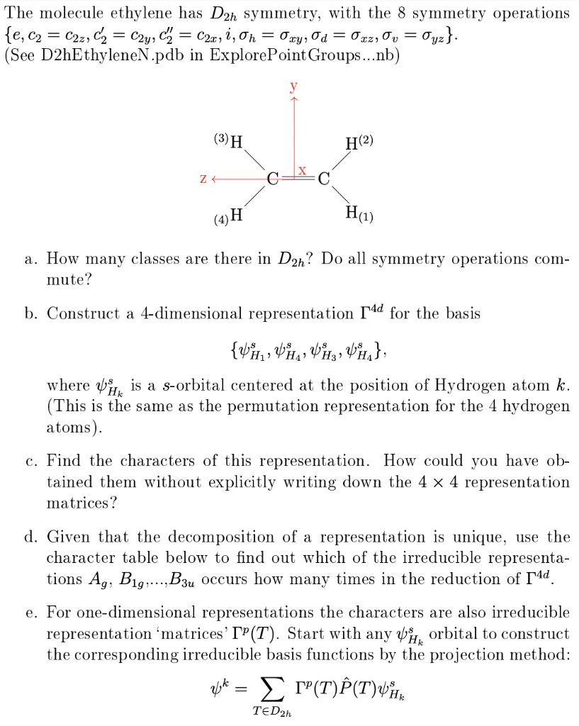 Solved The molecule ethylene has D2h symmetry, with the 8 | Chegg.com