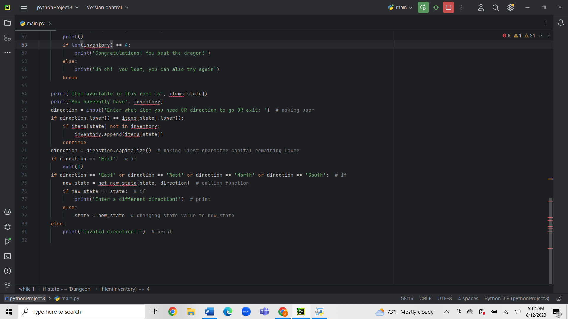 CODE for my Game doesn't let me change rooms. The | Chegg.com