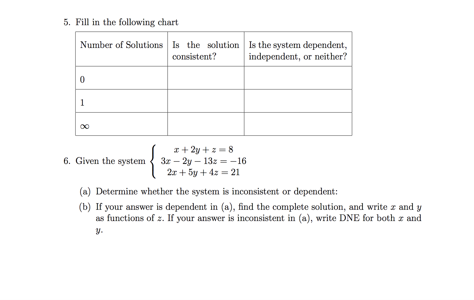 Solved 5. Fill in the following chart Number of Solutions is | Chegg.com