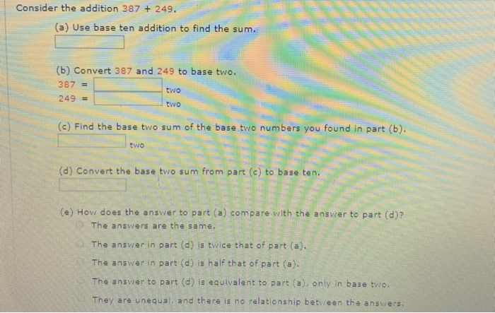 Solved Consider the addition 387 + 249. (a) Use base ten | Chegg.com