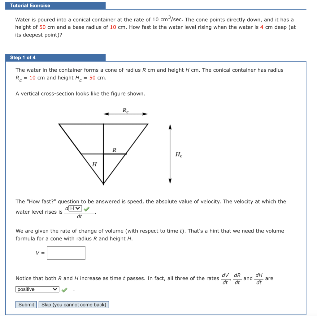 Solved Tutorial Exercise Water is poured into a conical | Chegg.com