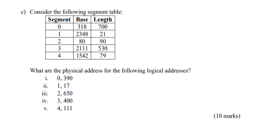 Solved c) Consider the following segment table: Segment Base | Chegg.com