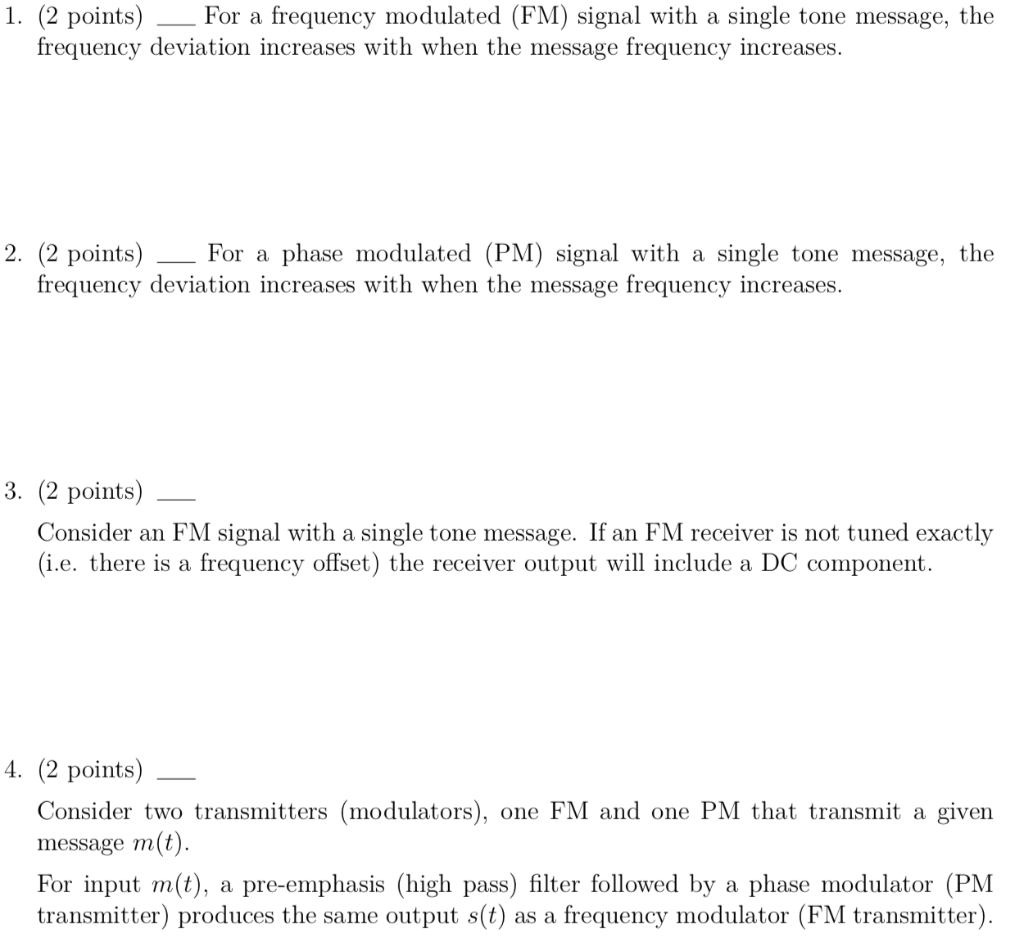 Solved 1. (2 points) For a frequency modulated (FM) signal | Chegg.com