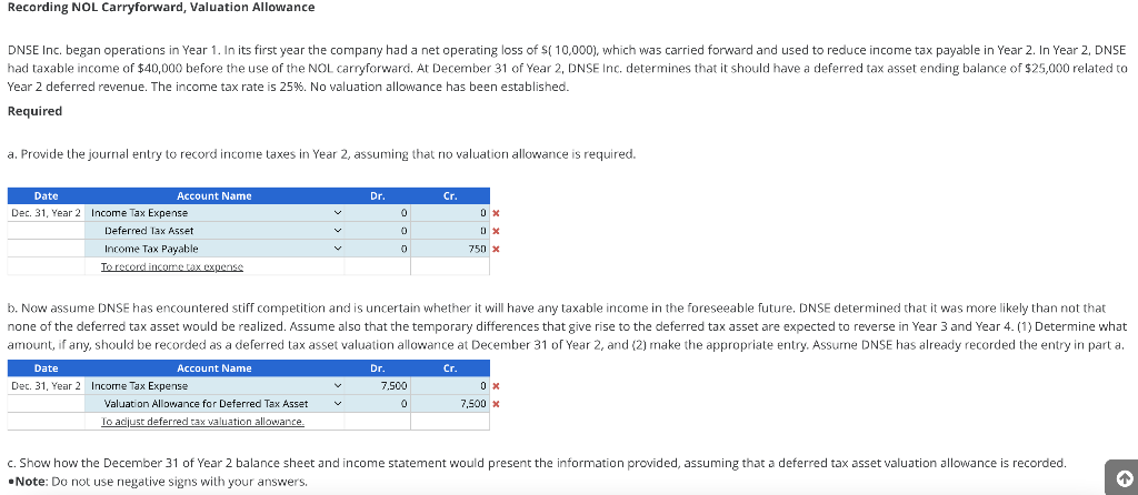 Solved Recording NOL Carryforward, Valuation Allowance | Chegg.com