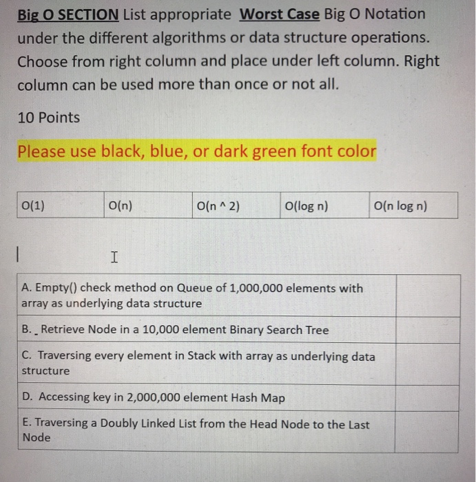 Solved Big O SECTION List appropriate Worst Case Big O | Chegg.com