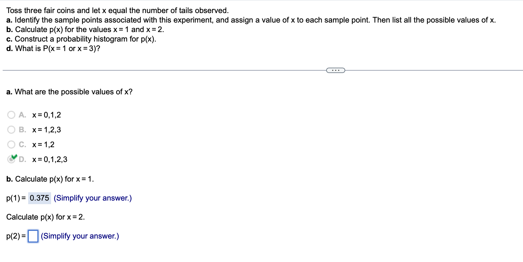 Solved Toss three fair coins and let x equal the number of | Chegg.com