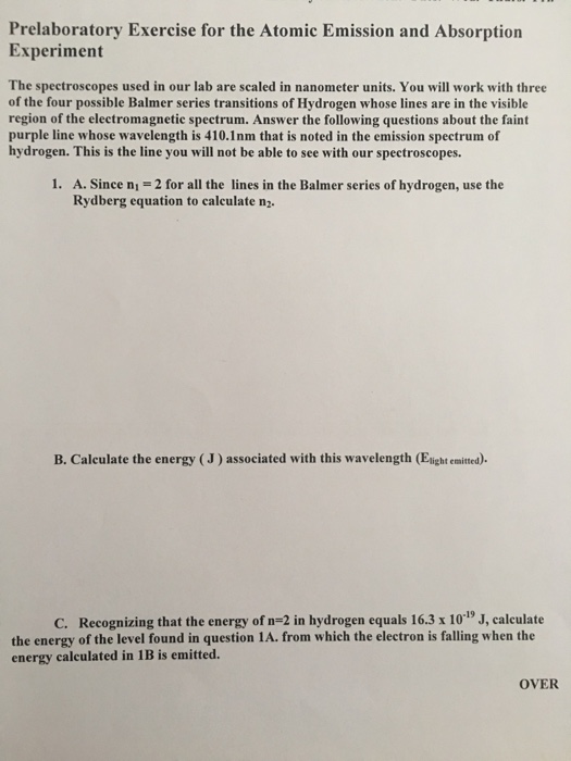 Solved Prelaboratory Exercise for the Atomic Emission and | Chegg.com
