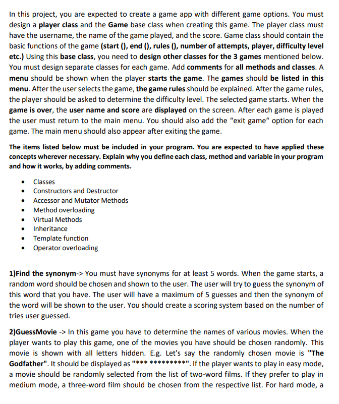 Solved In this project, you are expected to create a game | Chegg.com