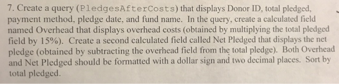 Solved 7. Create a query (PledgesAfterCosts) that displays | Chegg.com
