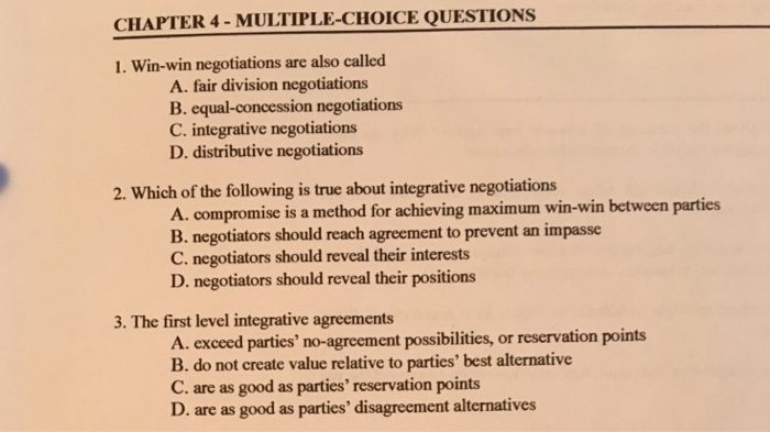 Solved CHAPTER 4- MULTIPLE-CHOICE QUESTIONS 1. Win-win | Chegg.com